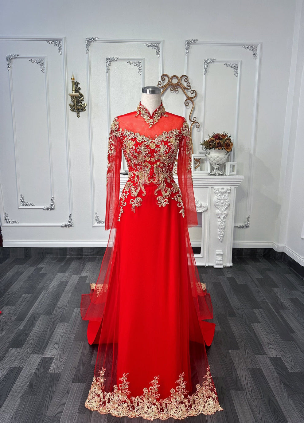 Set Ao Dai Wedding Dress with Gold Embroidery and LONG Train- Red Pant ...