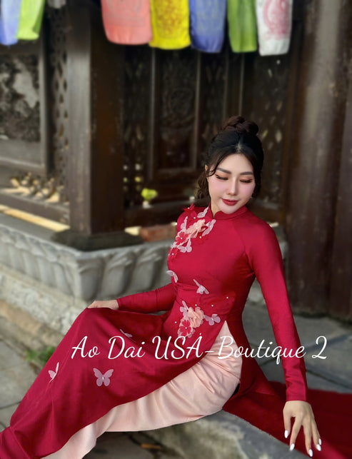 Ao Dai Lua Van Go Red Color/Ao Dai with Pants/CT304 – Ao Dai USA-Boutique