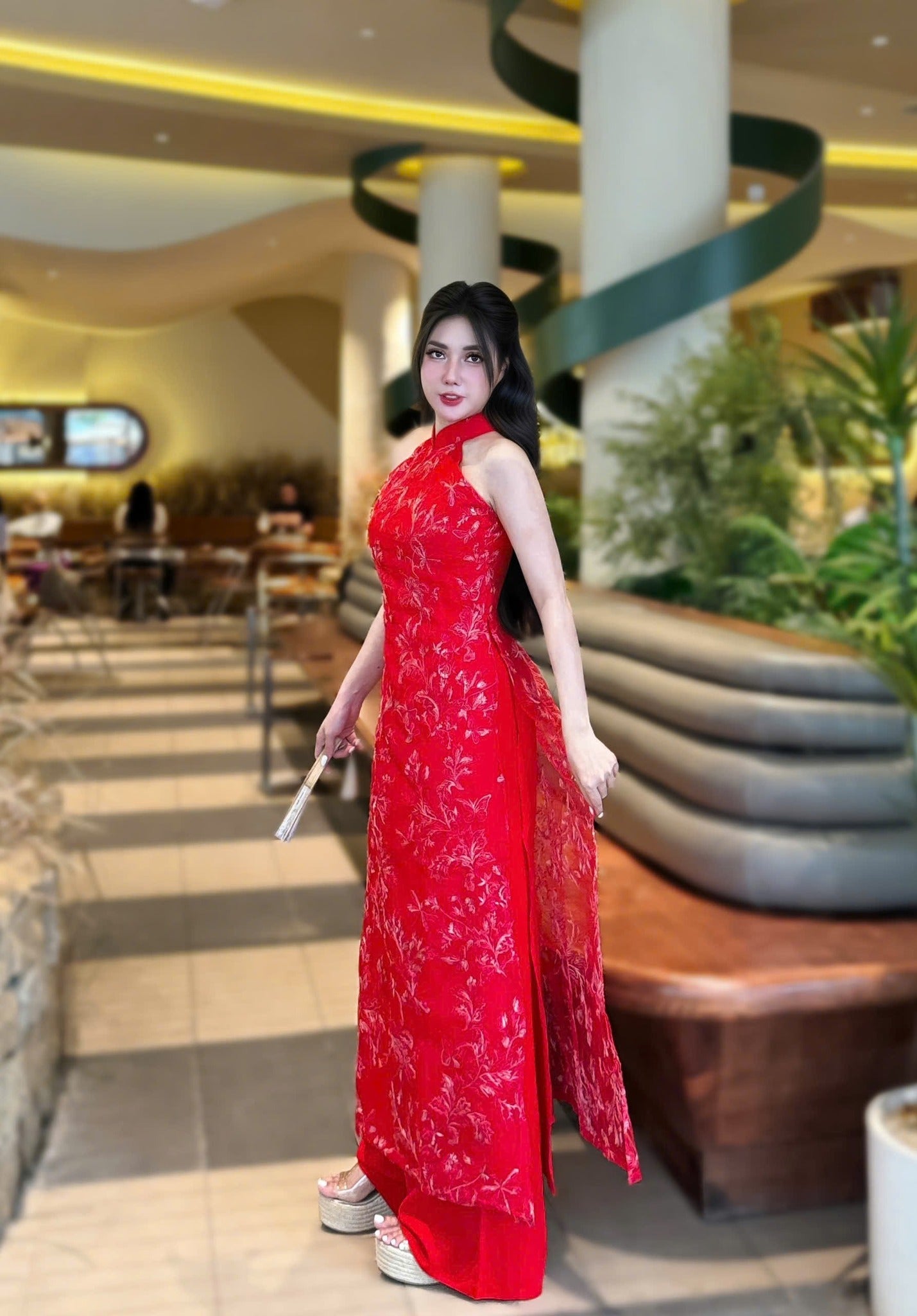 Set Modern Sleeveless Ao Dai Cach Tan/ Red Color with Pants included/C ...