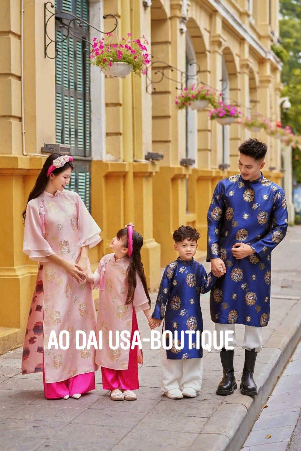 Matching Family Ao Dai Set/ Pink- Blue Matching Family Spring Ao Dai S ...