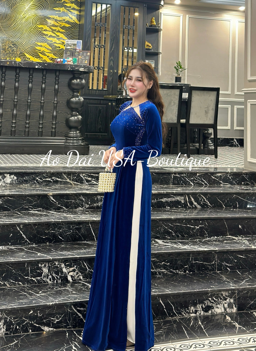 Only Áo-Velet design with crystal-Blue color TT58 – Ao Dai USA-Boutique